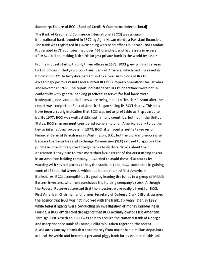 The Failure of BCCI (Bank of Credit & Commerce International) | PDF ...