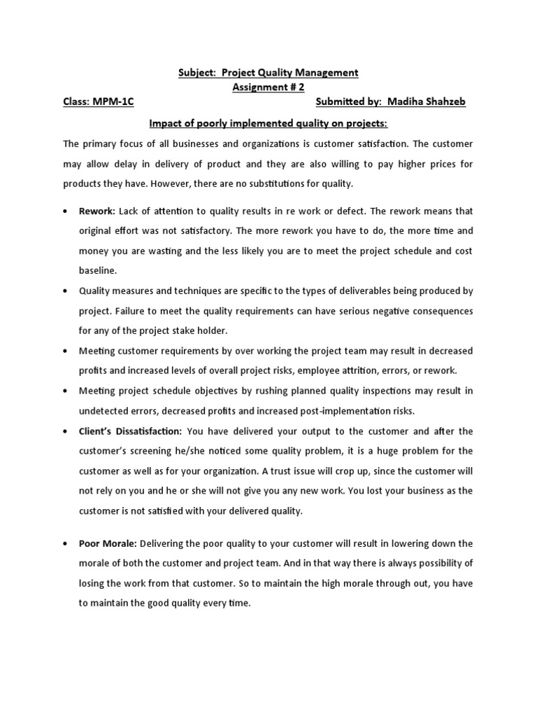 Impact of Poor Quality On Project | PDF | Customer | Risk