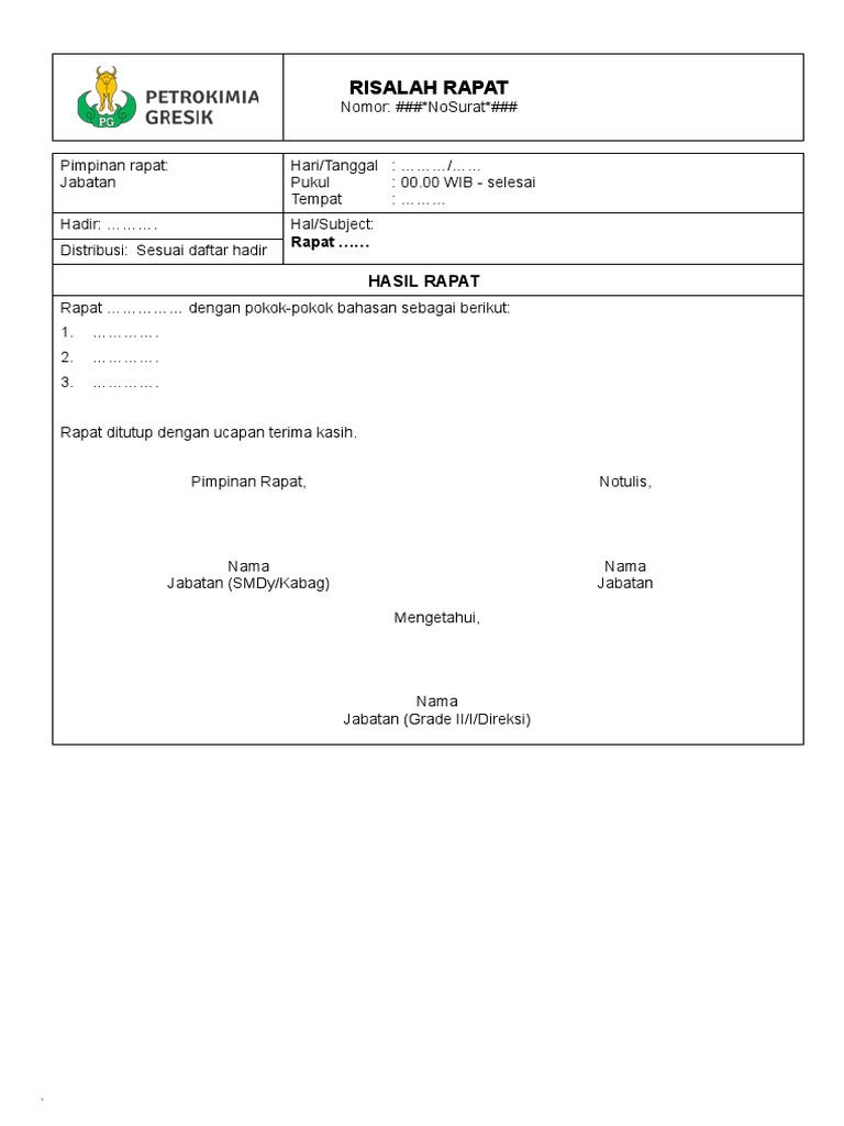 Contoh Template Risalah Rapat (Pimpinan Rapat Diwakilkan) | PDF
