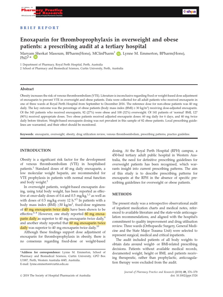 Clexane in Overweight and Obese Patients | PDF | Renal Function | Body ...