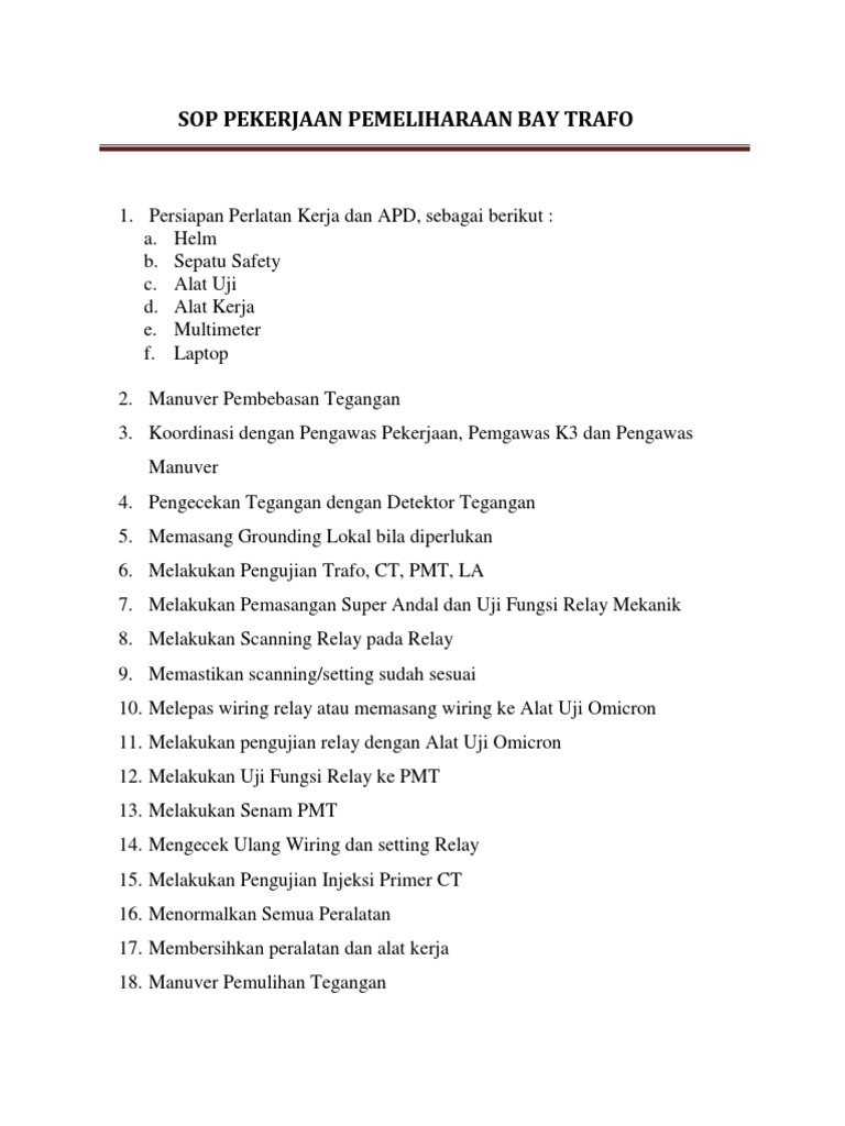 Sop Pekerjaan Pemeliharaan Bay Trafo PDF | PDF