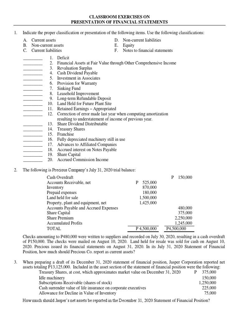 Classroom Exercises on Financial Statements | PDF | Balance Sheet | Expense
