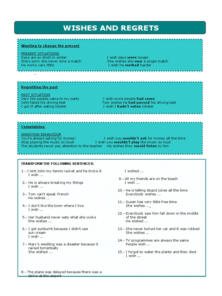 Wishes and Regrets Worksheet | PDF