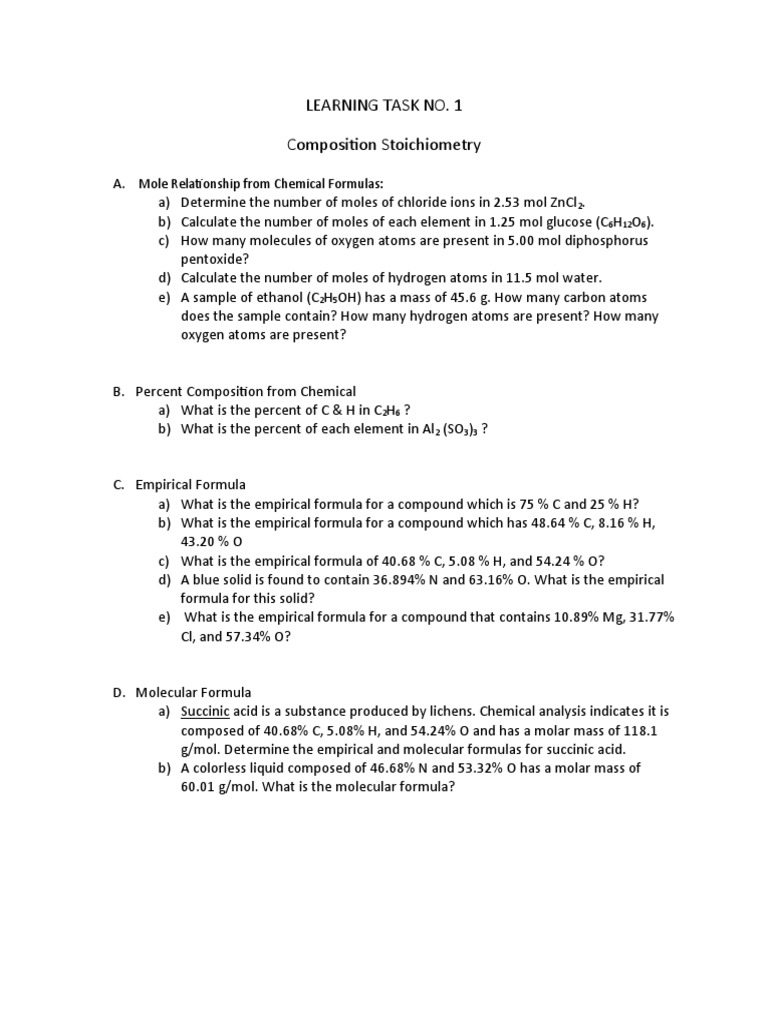 LT # 1 (Composition Stoichiometry) & Reaction Stoichiometry | PDF ...