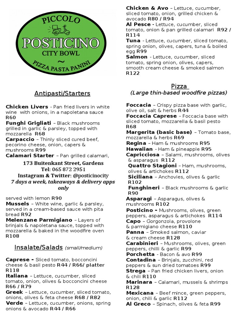 Posticino City Bowl Menu | PDF | Pasta | Pizza