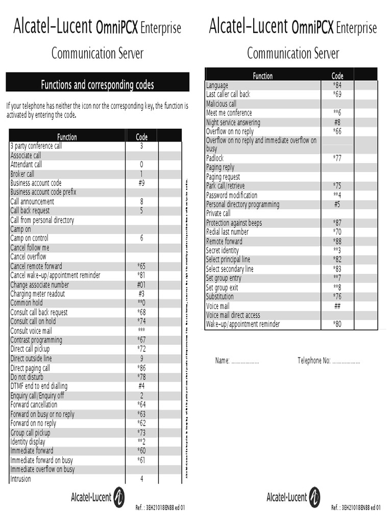 Alcatel OXE Functions and Codes | PDF | Voicemail | Telephony