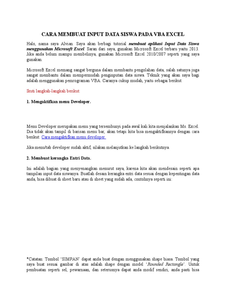 Cara Membuat Input Data Siswa Pada Vba Excel | PDF