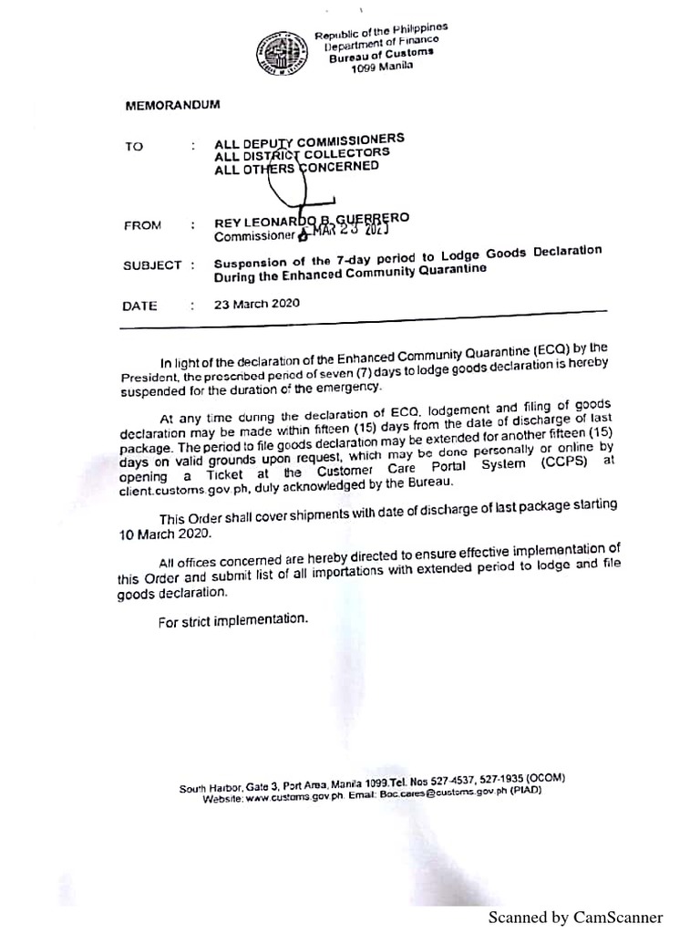 Bureau of Customs Memo On Suspension of 7 Days Lodgement Period For ...