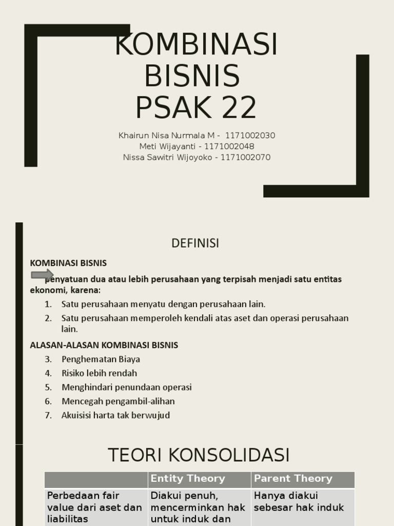 Kombinasi Bisnis dan PSAK 22 | PDF | Pengelolaan Keuangan & Uang