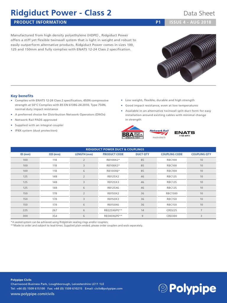 Ridgiduct Power Class 2 Datasheet - Issue 4 Aug 18 | PDF | Duct (Flow ...