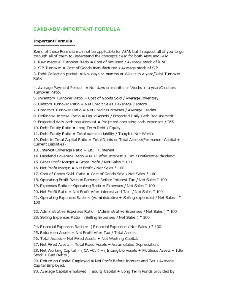 Caiib-Abm-Important Formula | PDF | Equity (Finance) | Dividend