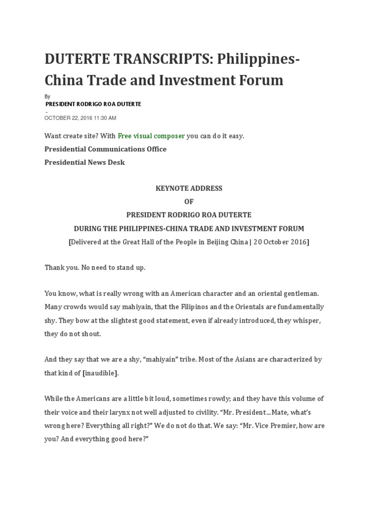 Duterte's Keynote at China Forum | PDF | Rodrigo Duterte | Travel Visa