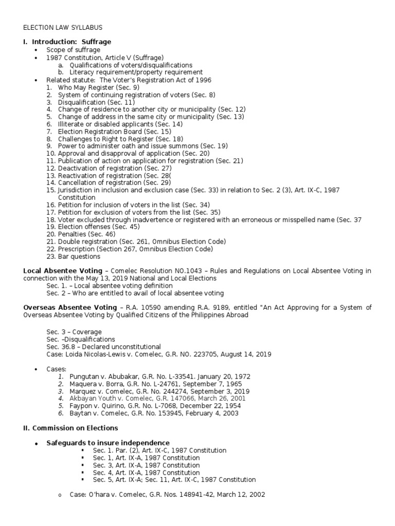 Syllabus Election Law | PDF | Commission On Elections (Philippines ...