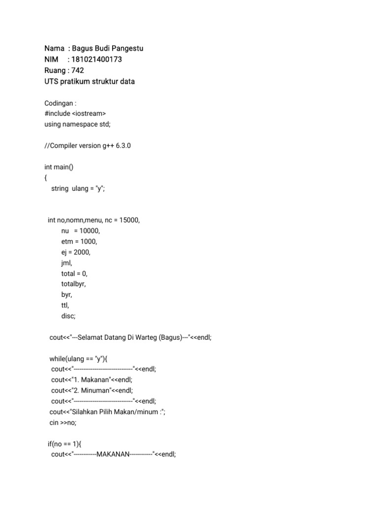 Pemrograman C++ Menu Kasir Sederhana | PDF
