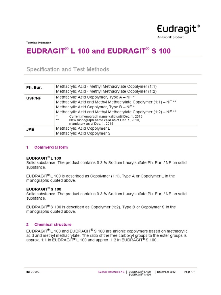 Evonik Eudragit L 100 and Eudragit S 100 Specification Sheet PDF | PDF ...