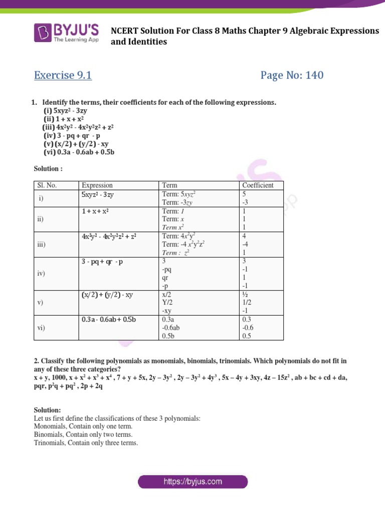 NCERT Solutions For CBSE Class 8 Maths Chapter 9 Algebraic Expressions ...