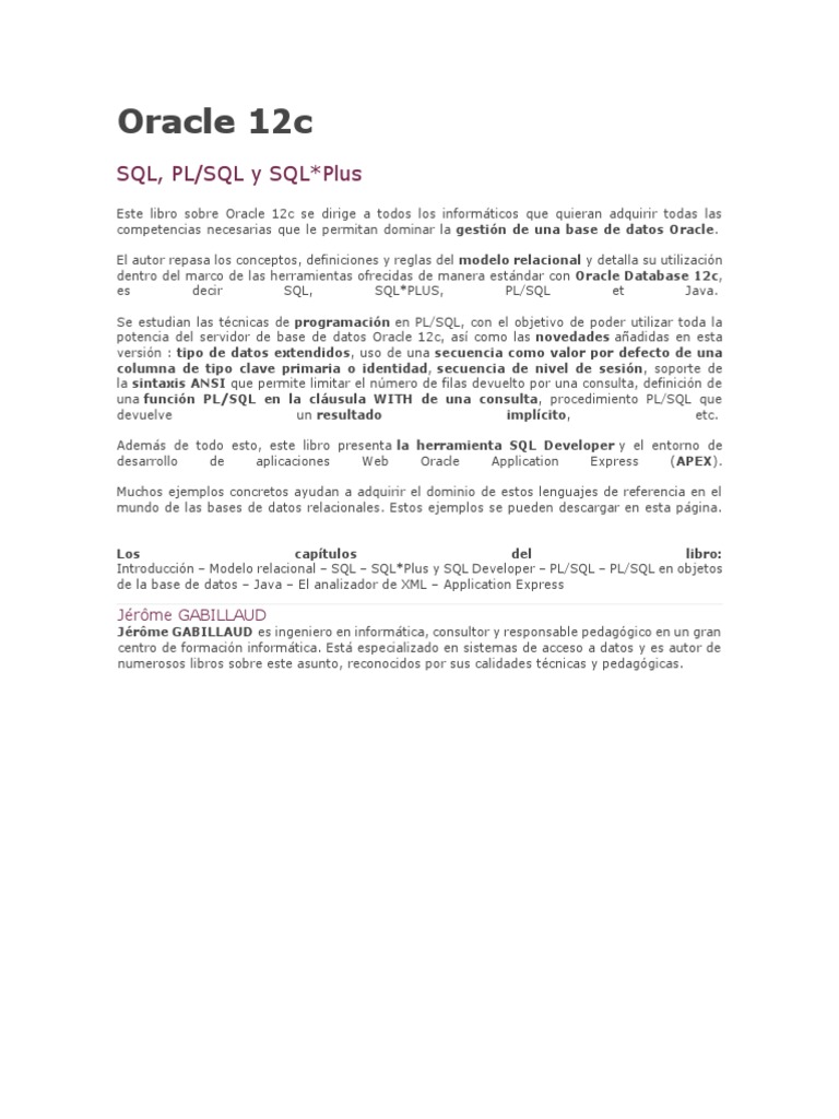 Oracle 12c - SQL, PLSQL y SQLPlus | PDF | SQL | Base de datos relacional