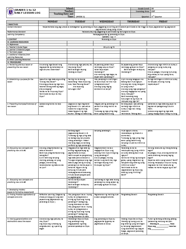 Grade 3 DLL ESP 3 Q4 Week 1 | PDF