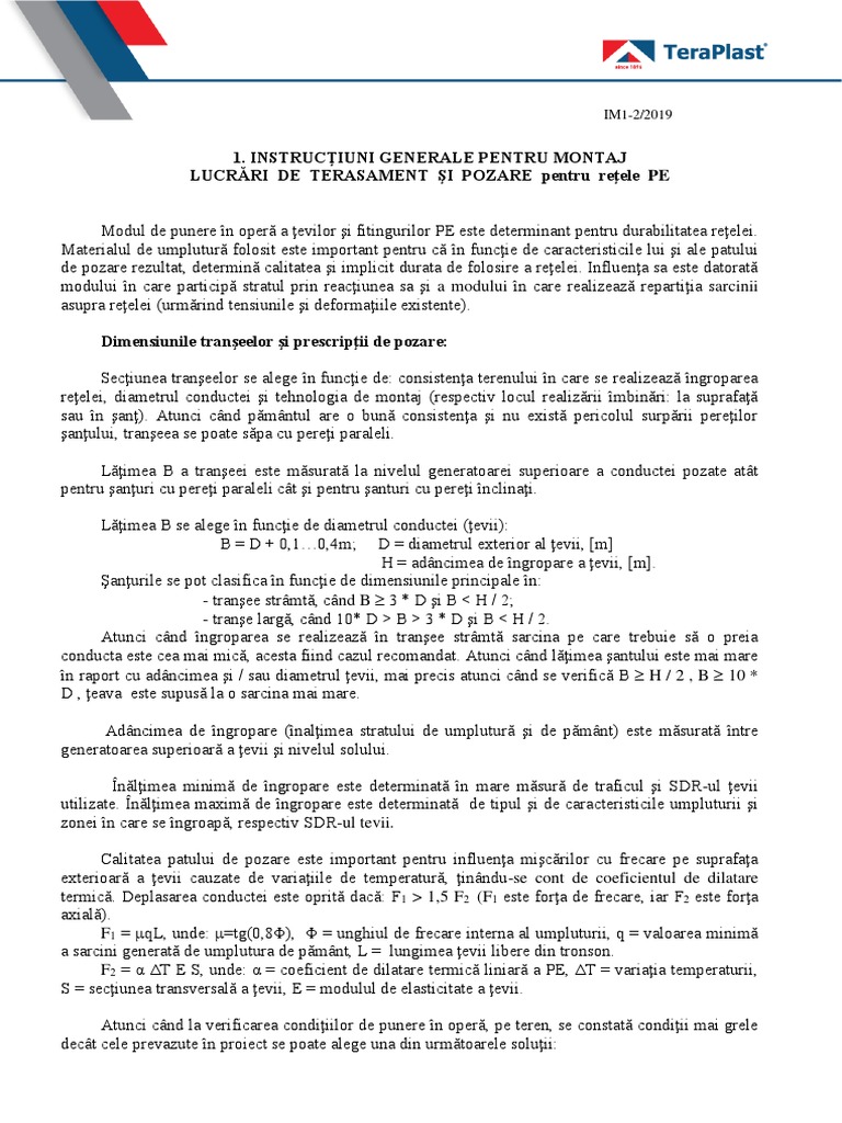 Instructiuni de Montaj LUCRĂRI DE TERASAMENT ŞI POZARE Pentru Reţele PE 2018 PDF | PDF