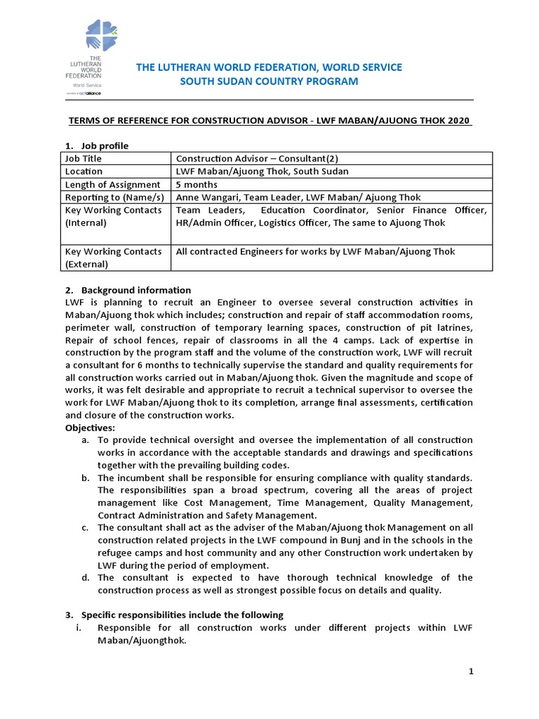 ToR - Construction Advisor (Engineer) | PDF | Consultant | Business