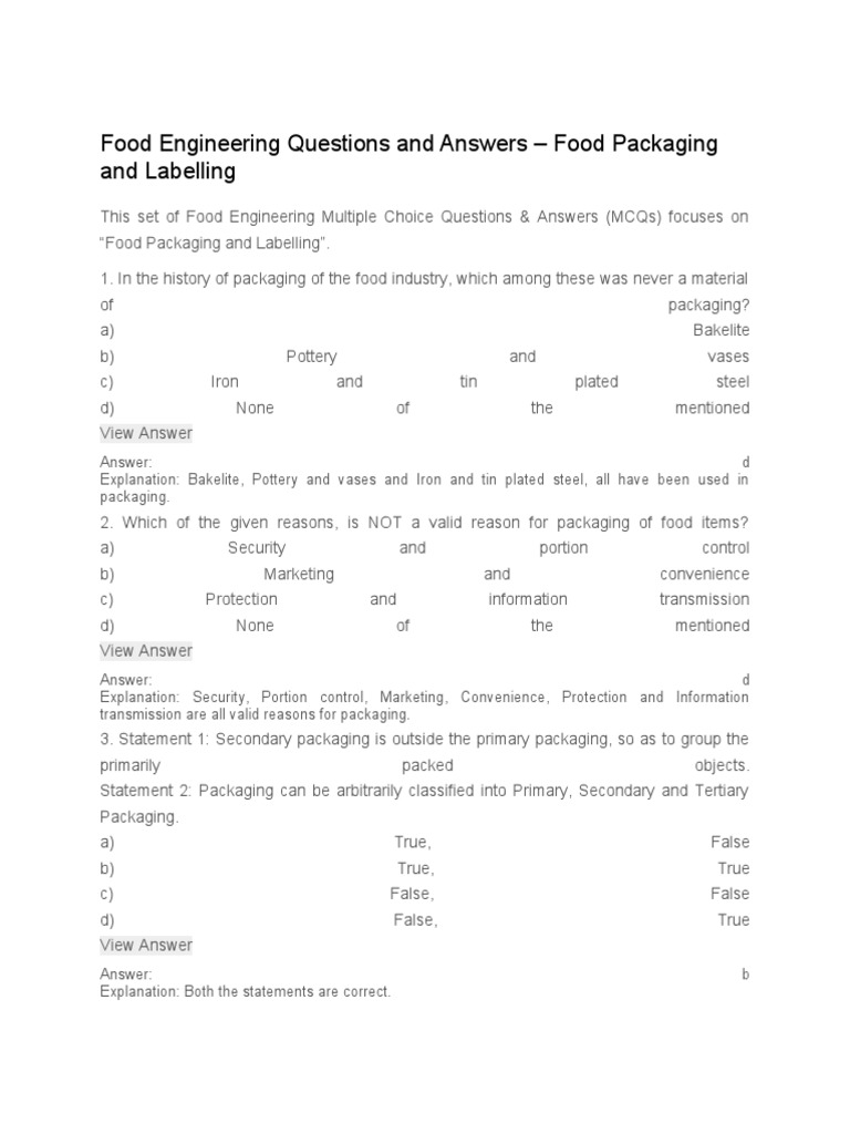 Food Packaging and Labelling MCQs | PDF | Packaging And Labeling ...