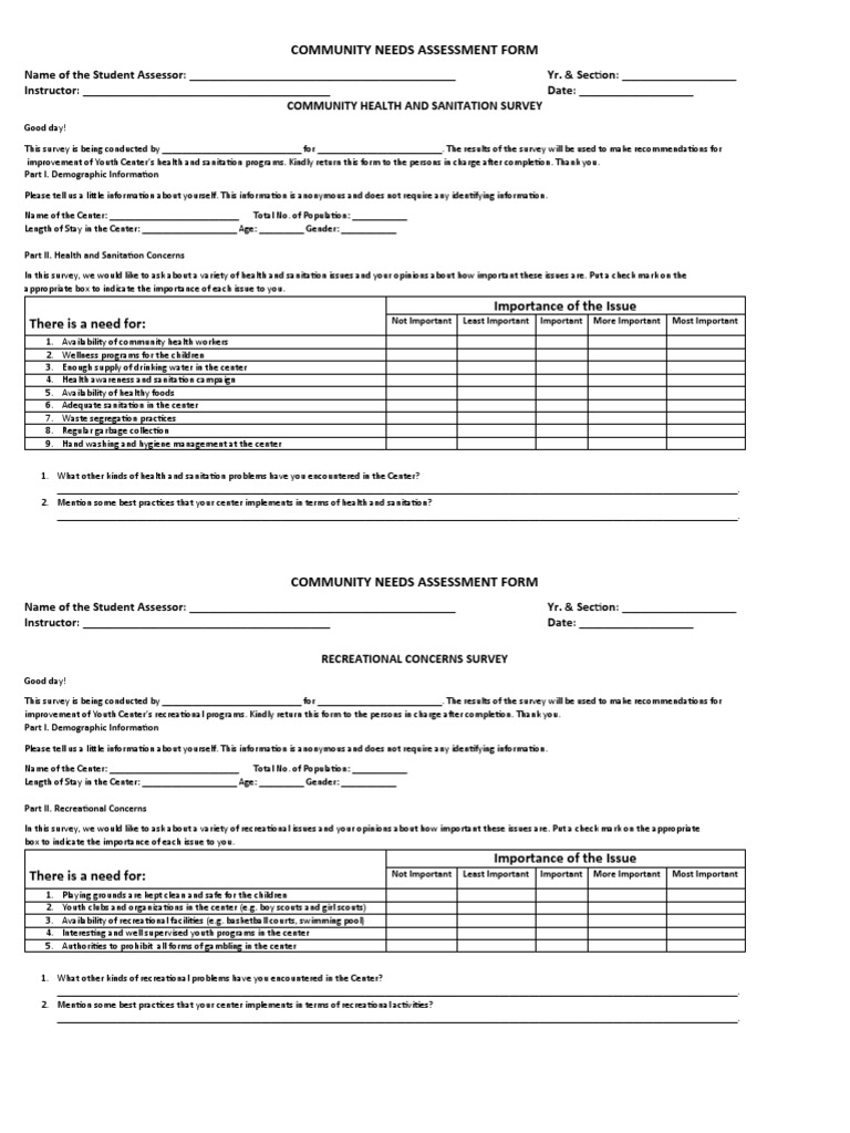 Community Needs Assessment Form | PDF | Sanitation | Needs Assessment