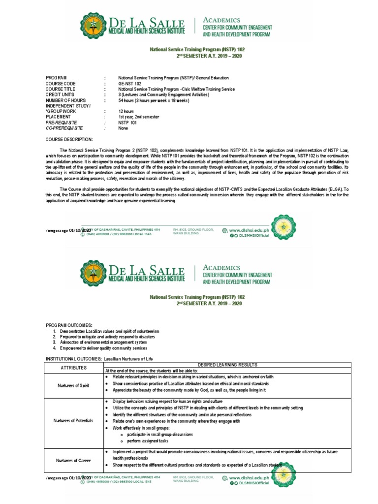 NSTP 102 CWTS Syllabus 19-20 PDF | PDF | Health Education | Community