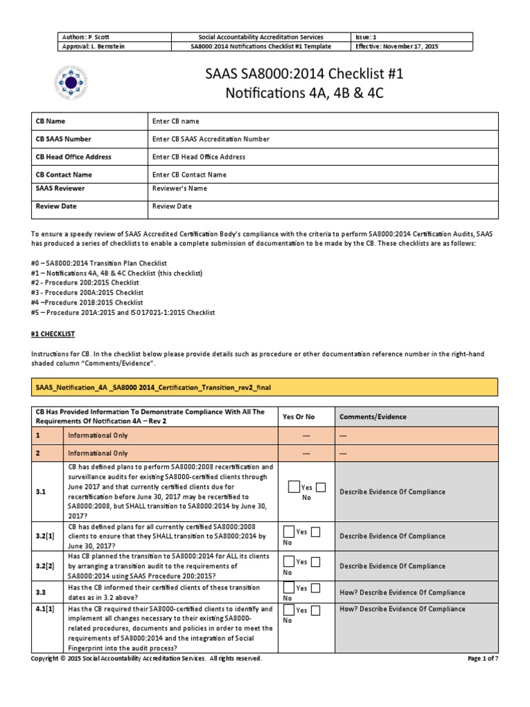 Sa8000.2014 Notifications Checklist #1 | PDF | Regulatory Compliance ...