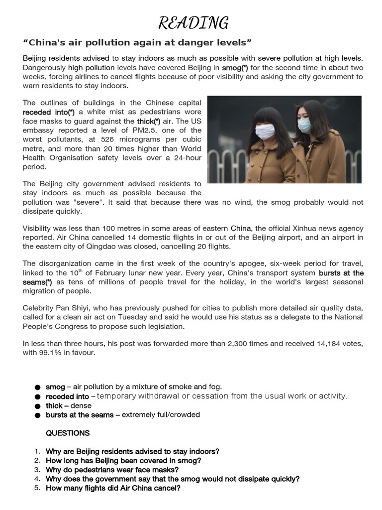 China Air Pollution Worksheet Reading Passage | Download Free PDF ...