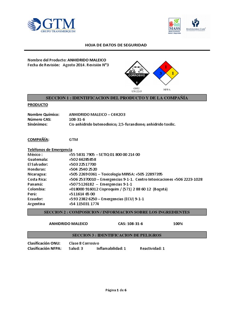 ANHÍDRIDO MALEICO(Ficha técnica) | PDF | Solubilidad | Agua