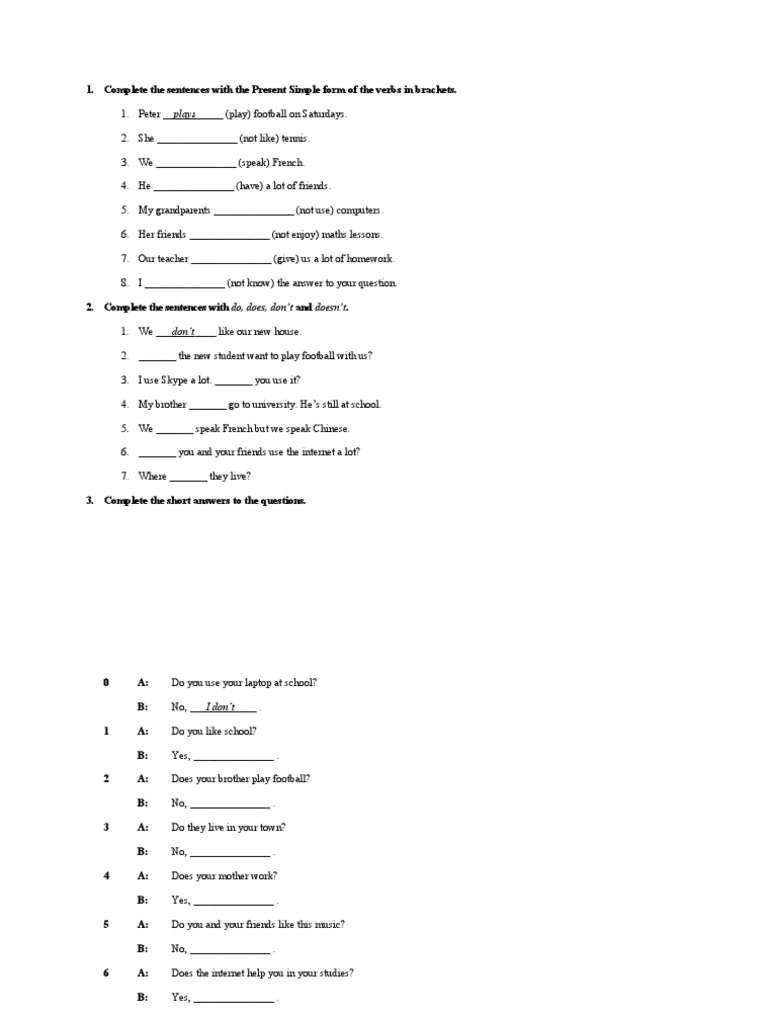 Complete The Sentences With The Present Simple Form of The Verbs in ...