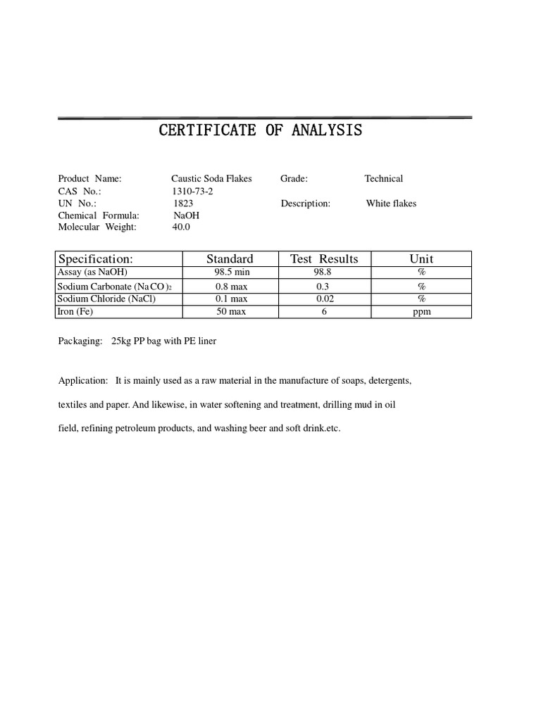 Caustic Soda Flakes 98% COA | PDF