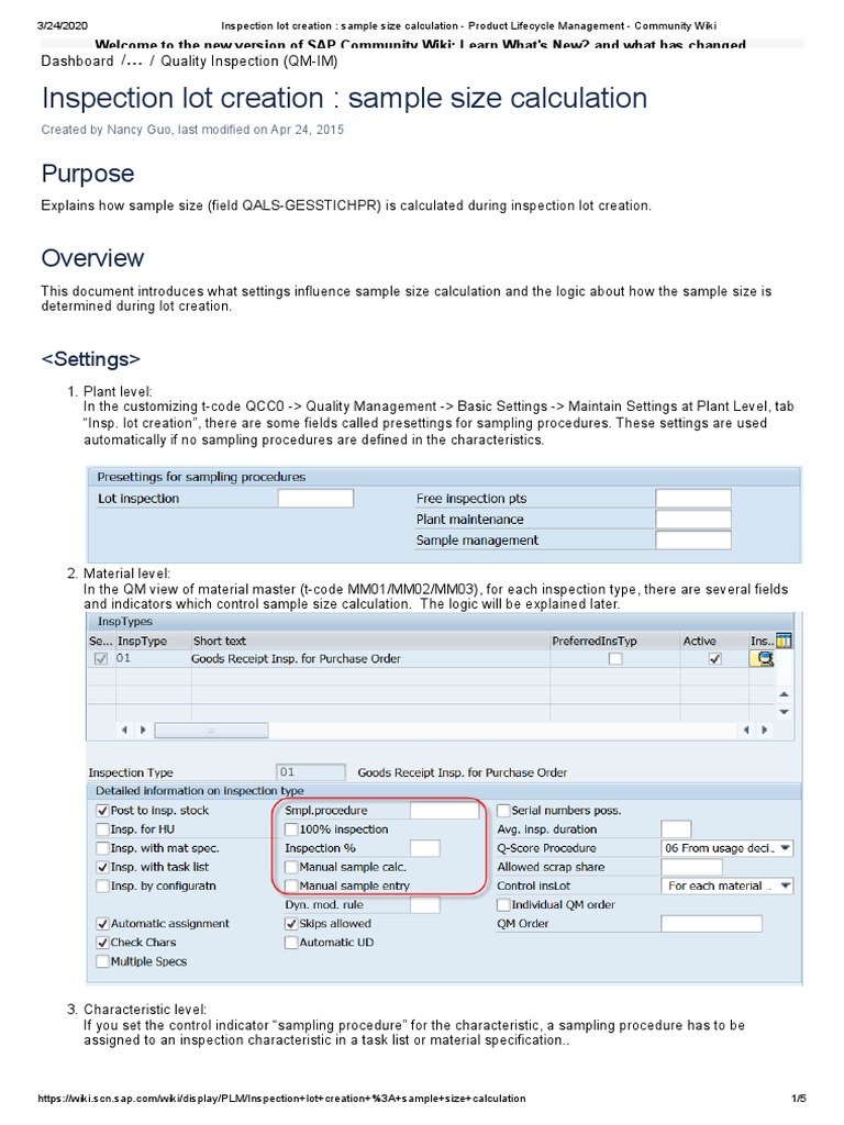 Inspection Lot Creation - Sample Size Calculation - Product Lifecycle ...