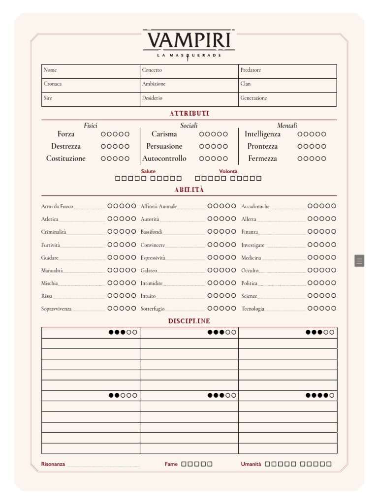 Vampire The Masquerade V5 - Scheda PG Editabile | PDF