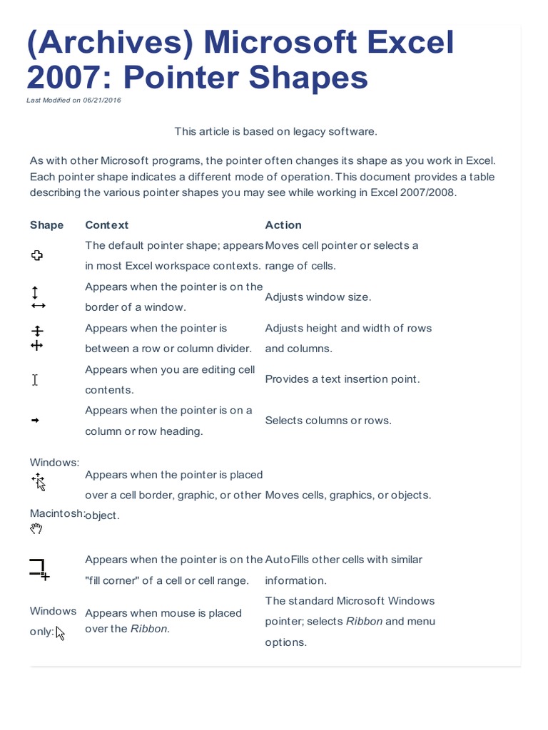 (Archives) Microsoft Excel 2007 - Pointer Shapes | PDF