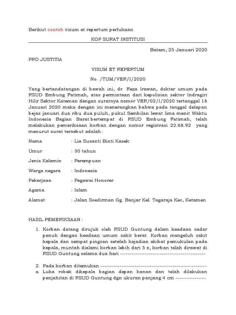 Contoh Visum Et Repertum Perlukaan | PDF