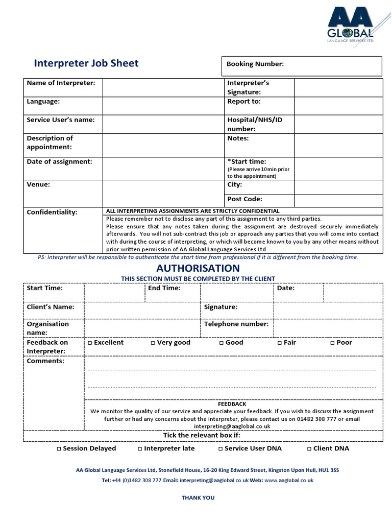 Interpreter Job Sheet Template | PDF | Language Interpretation ...