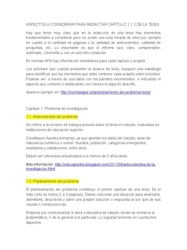 Aspectos A Considerar para Redactar Capítulo 1 y 2 de La Tesis | PDF ...