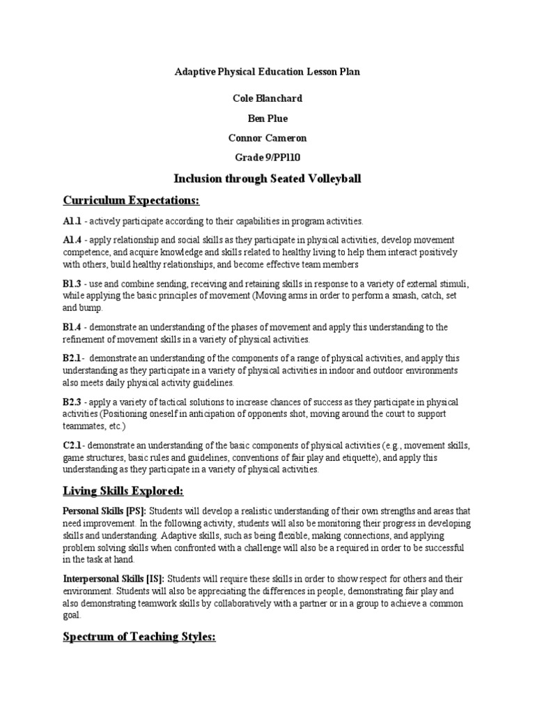 Adaptive Physical Education Lesson | PDF | Volleyball | Teachers