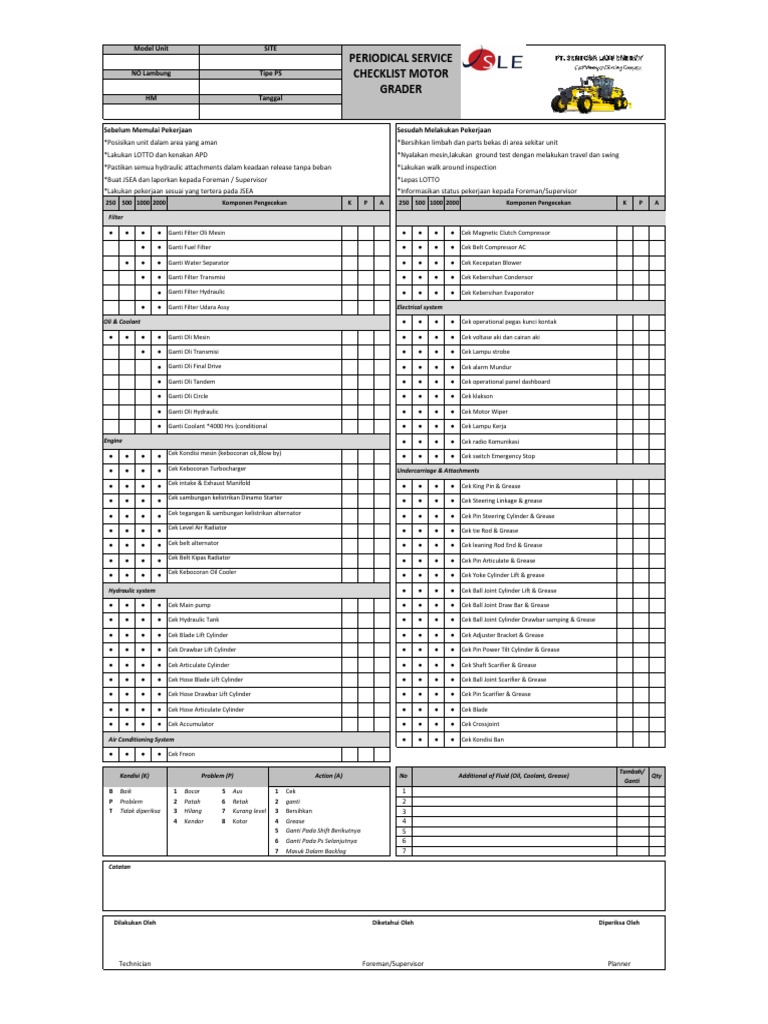Motor Grader Inspection Checklist | PDF | Internal Combustion Engine ...