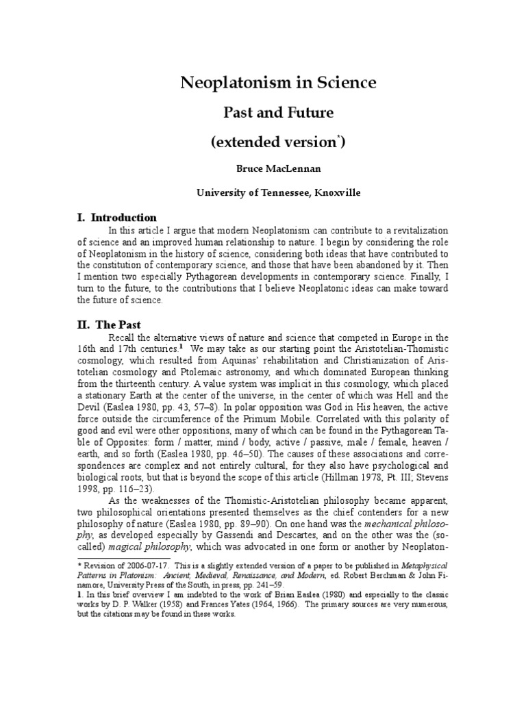 Neoplatonism in Science: Past and Future (Extended Version) | PDF ...