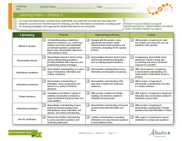Listening Rubric Div 3 | PDF | Vocabulary | Question