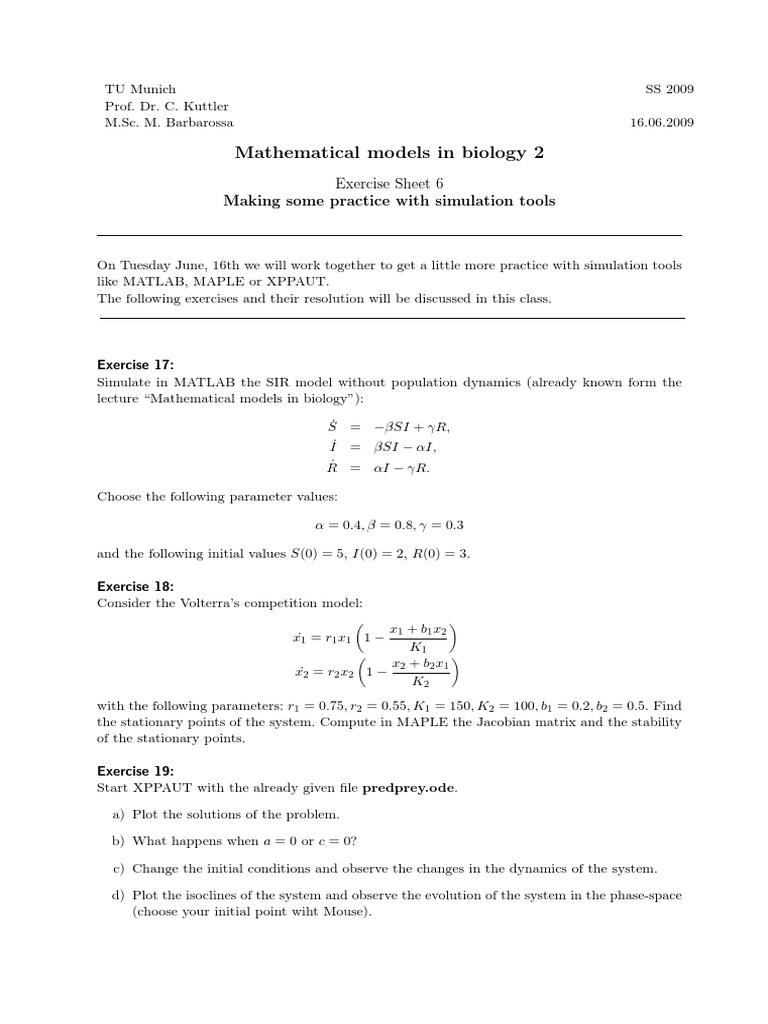 Exercises On Math Bio | PDF | Ordinary Differential Equation | Teaching ...