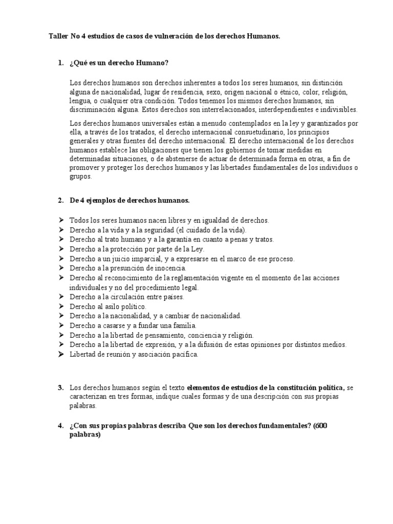 Taller No 4 Estudios de Casos de Vulneración de Los Derechos Humanos | PDF | Derechos humanos ...
