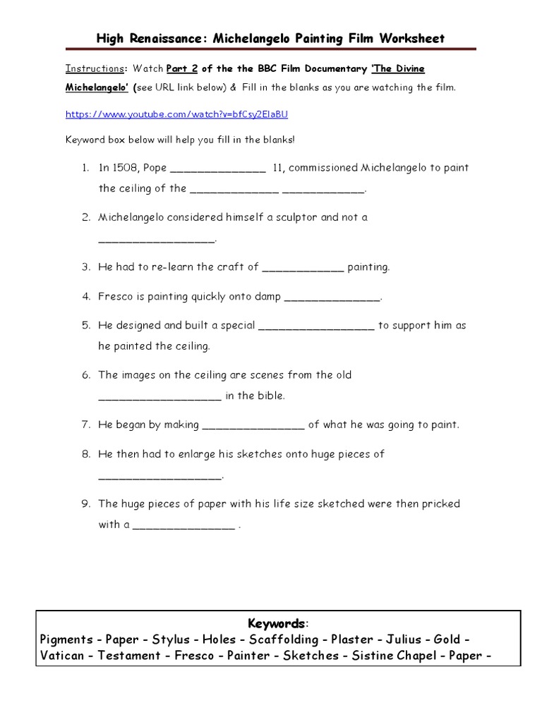 Michelangelo Painting Film Worksheet Ms Brennan | PDF