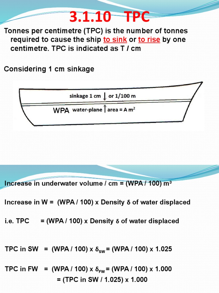 Calculating TPC for Ship Stability | PDF | Buoyancy | Water Transport