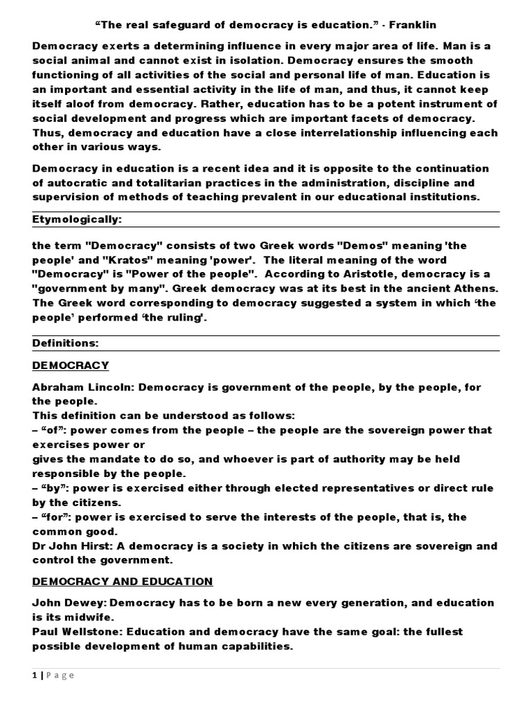 Democracy For Education Notes | PDF | Schools | Democracy