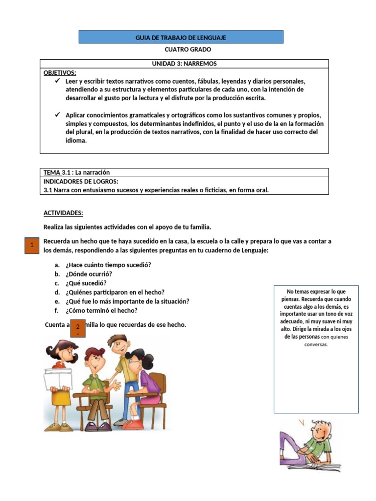 Guía de Lenguaje Cuarto Grado Unidad 3. Lección 2.ok | PDF | Narrativa ...
