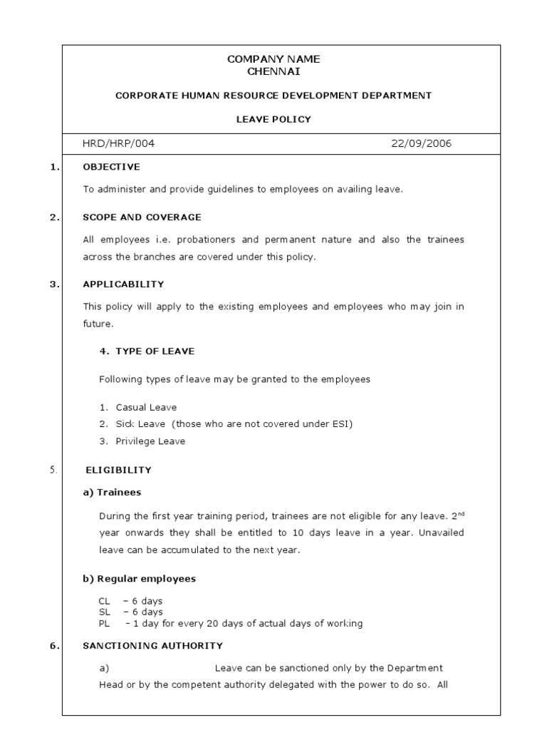 Leave Policy - Sample - 2010!11!26 | PDF | Government Information ...