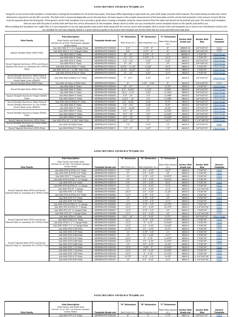 Anchor Bolt Template Matrix Guide | PDF | Anchor | Screw